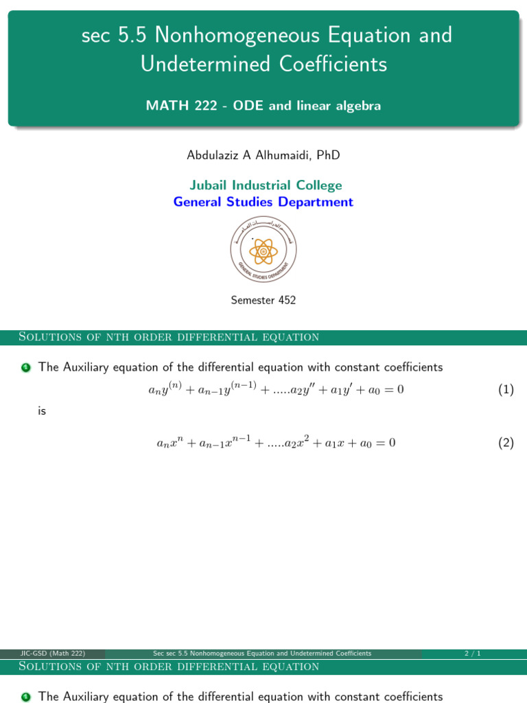 Sec 5.5 Nonhomogeneous Equation and Undetermined Coefficients | PDF