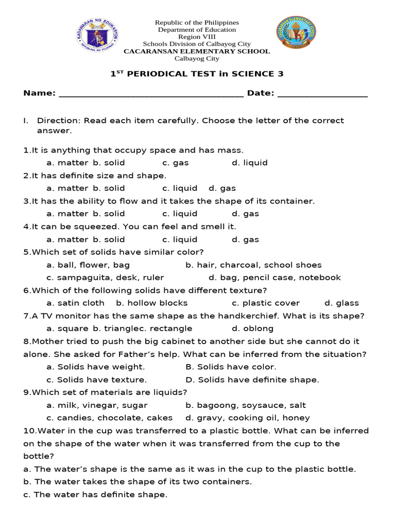 PT - Science Grade 3 1st Quarter Test | PDF