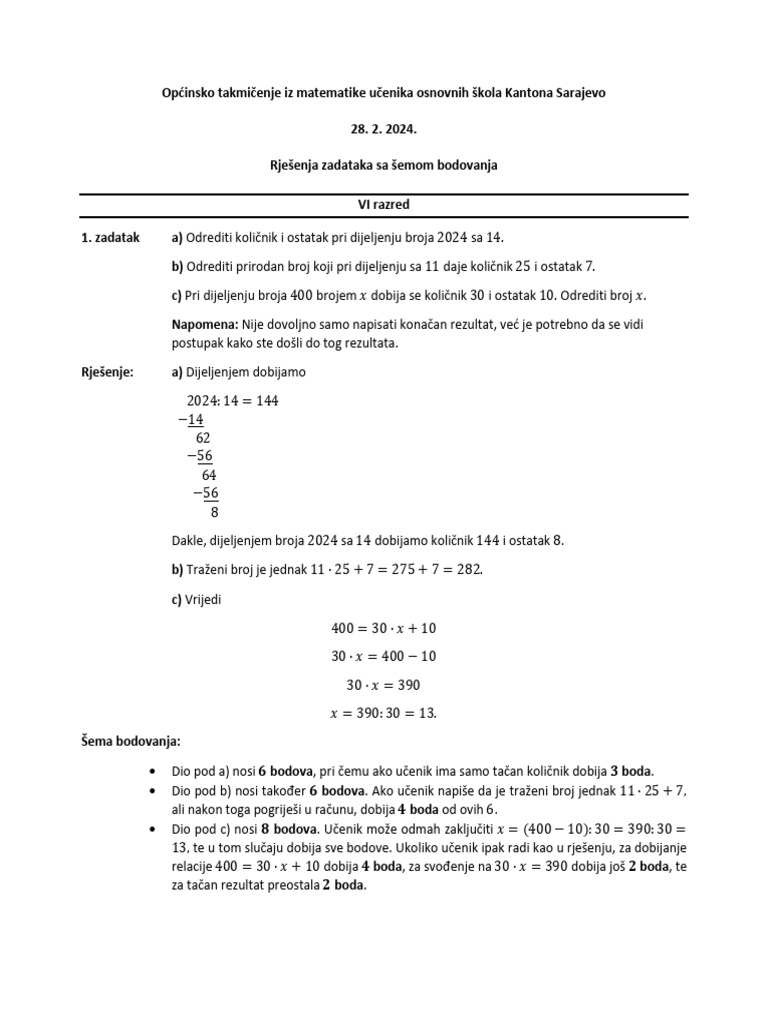 Opcinsko Takmicenje 2024 6. Razred Rjesenja | PDF