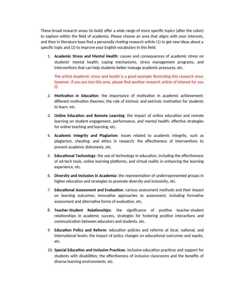 Research Areas Within The Broad Topic of Academia | PDF