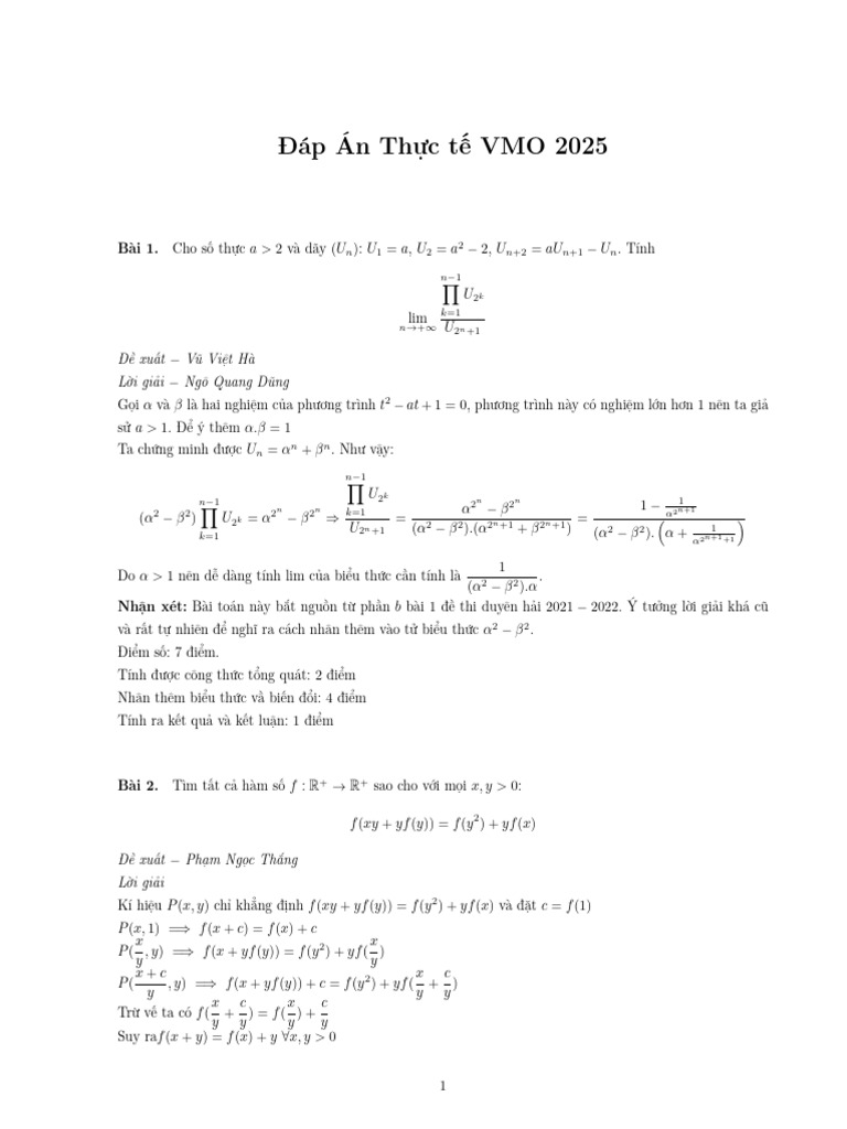 Đáp án chính thức Thực tế VMO 2025 | PDF