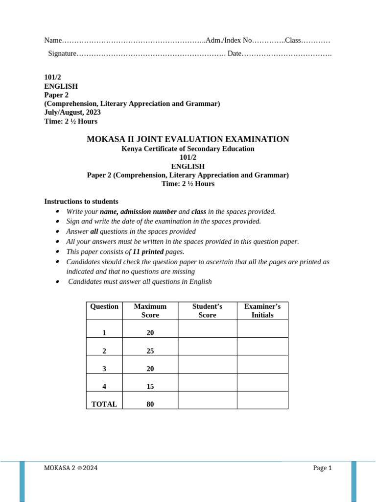 English Paper 2 - 2024 | PDF
