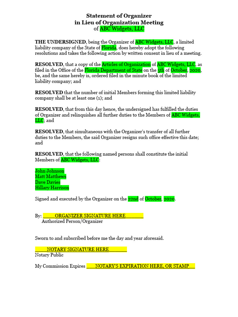 Statement of LLC Organizer in Lieu of Organization Meeting Example | PDF