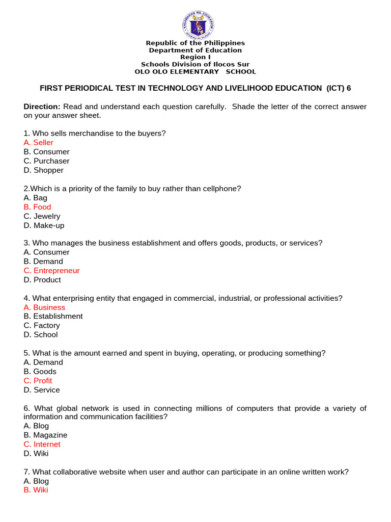 Tle Ict 6 q1 PT Key | PDF