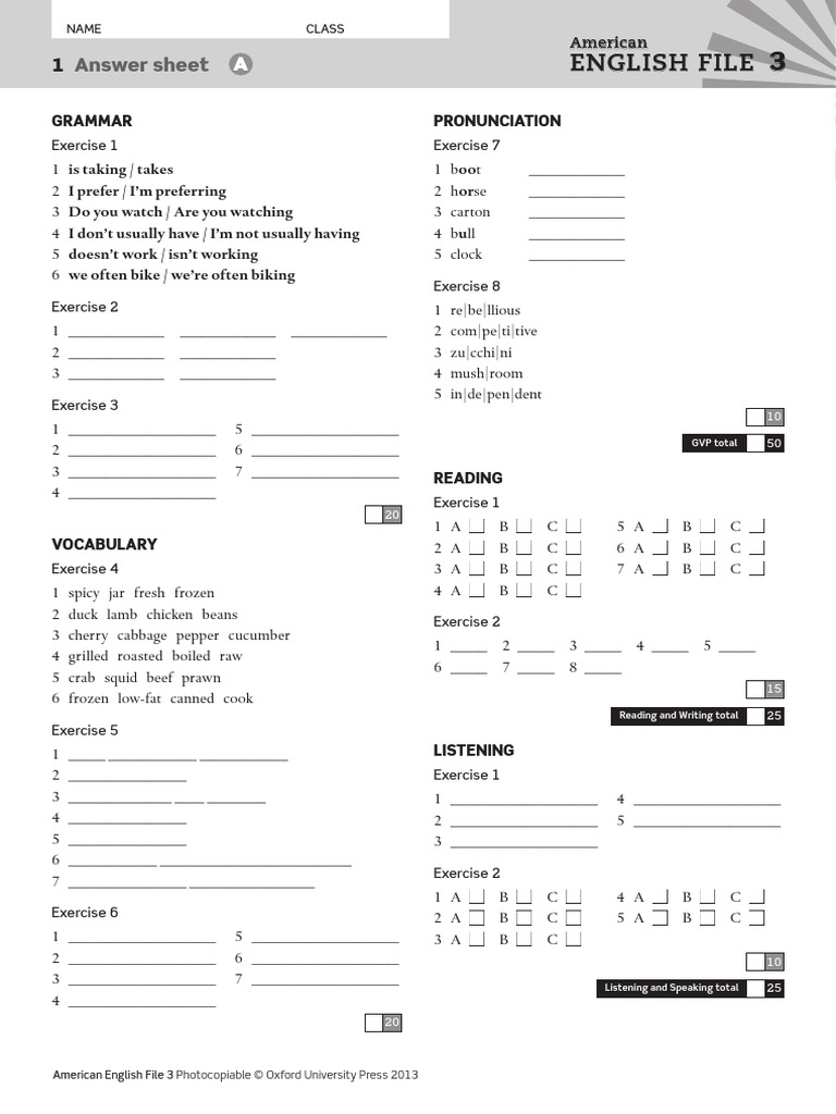 AEF3 File1 TestA AnswerSheet | PDF