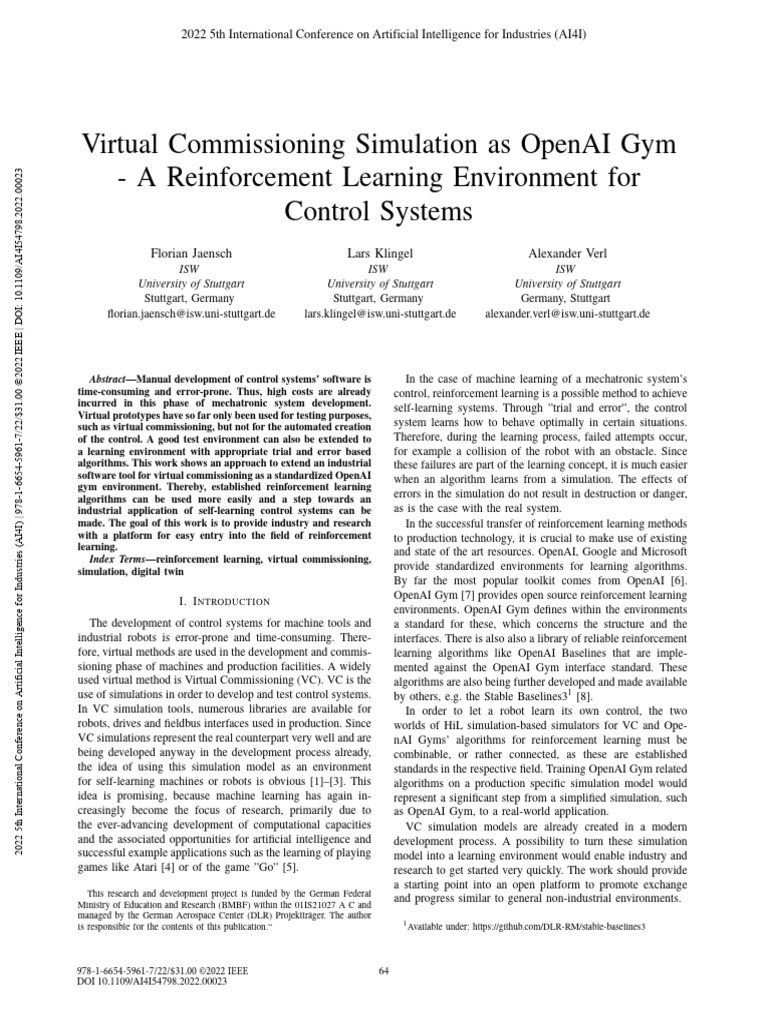 Virtual Commissioning Simulation As OpenAI Gym - A Reinforcement Learning Environment For ...