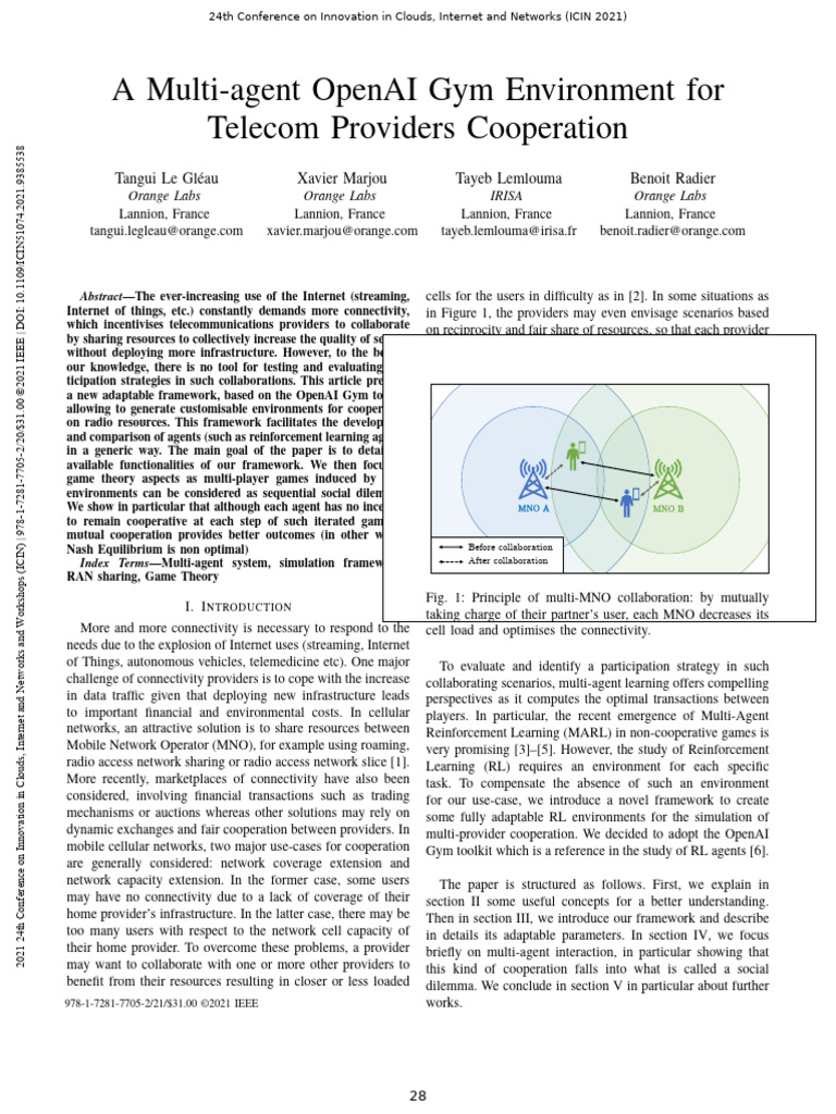 A Multi-Agent OpenAI Gym Environment For Telecom Providers Cooperation | PDF