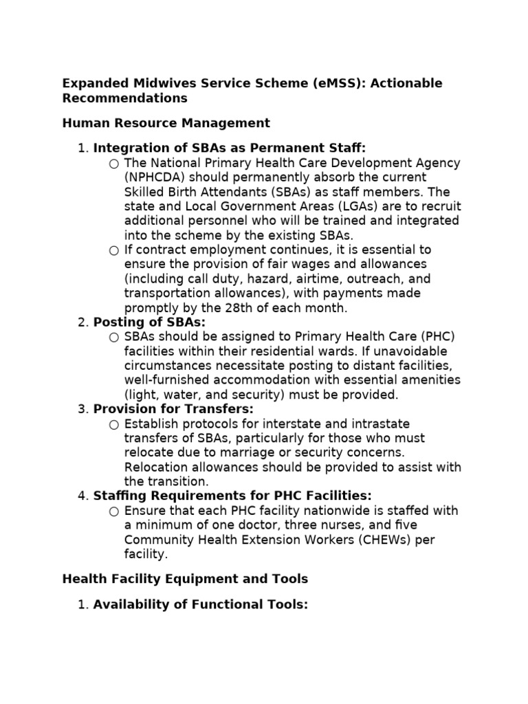 Expanded Midwives Service Scheme (eMSS) - Actionable Recommendations | PDF | Midwife | Health Care