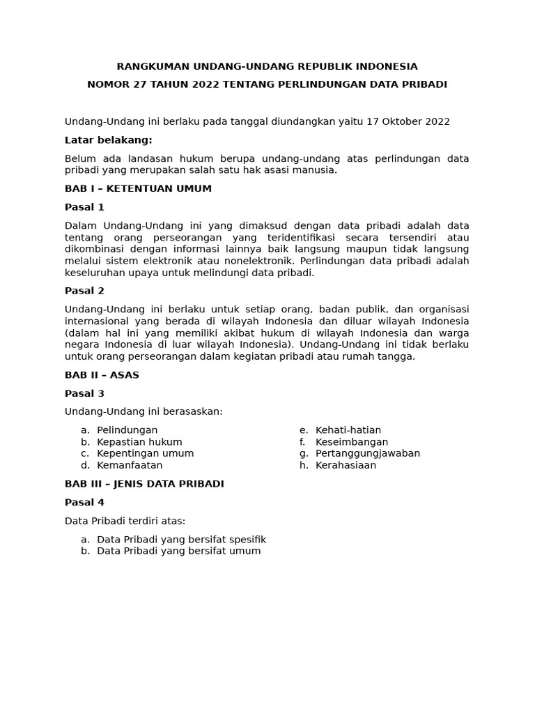 Rangkuman Uu Ri No 27 Tahun 2022 Tentang Perlindungan Data Pribadi | PDF