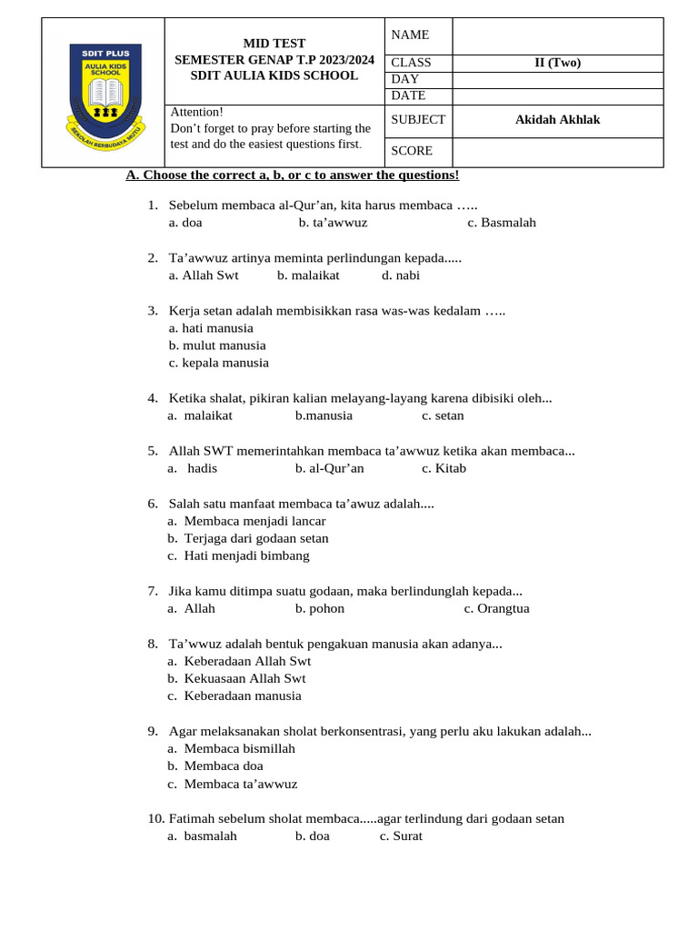 Akidah Akhlak Mid Test | PDF