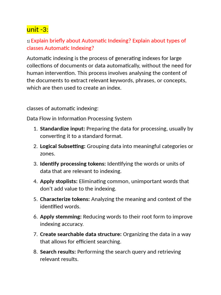 Unit - 3:: Explain Briefly About Automatic Indexing? Explain About Types of Classes Automatic ...