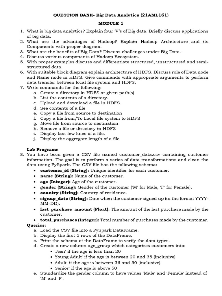 Question Bank-BDA (Module 1&2) 2 | PDF | Map Reduce | Apache Hadoop