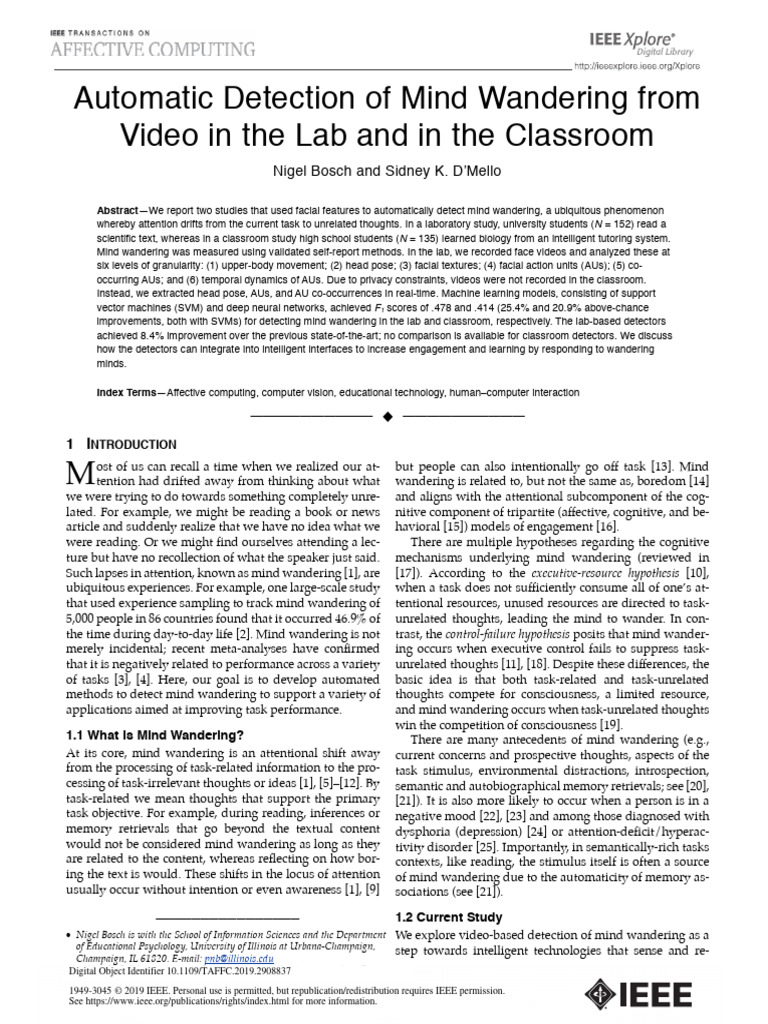 2019 - Automatic Detection of Mind Wandering From Video in The Lab and ...