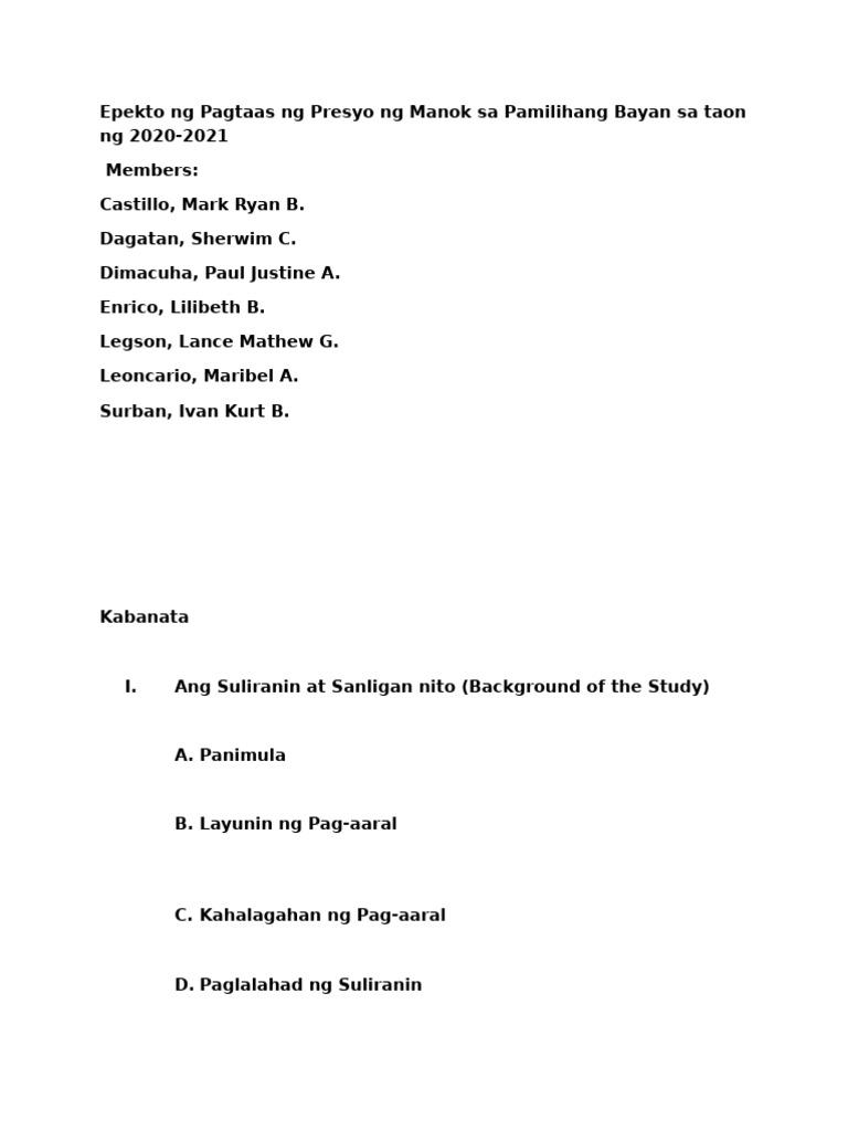 Epekto Ng Pagtaas Ng Presyo Ng Manok Sa Pamilihang Bayan Sa Taon Ng 2020-2021 | PDF