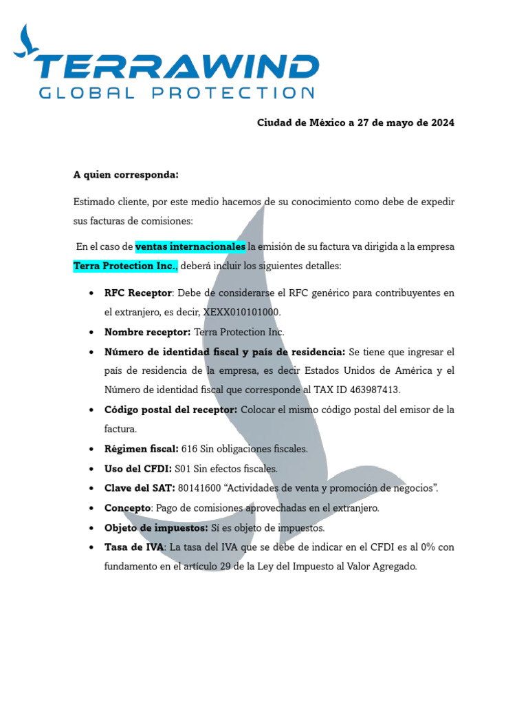 Comunicado Terrawind Facturación de Comisiones | PDF | Impuesto al valor agregado | Negocios