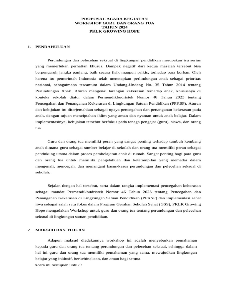 Proposal Acara Kegiatan Workshop Guru Dan Orang Tua Tahun 2024 PKLK Growing Hope | PDF