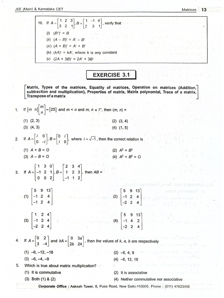 Matrices - XII KCET | PDF