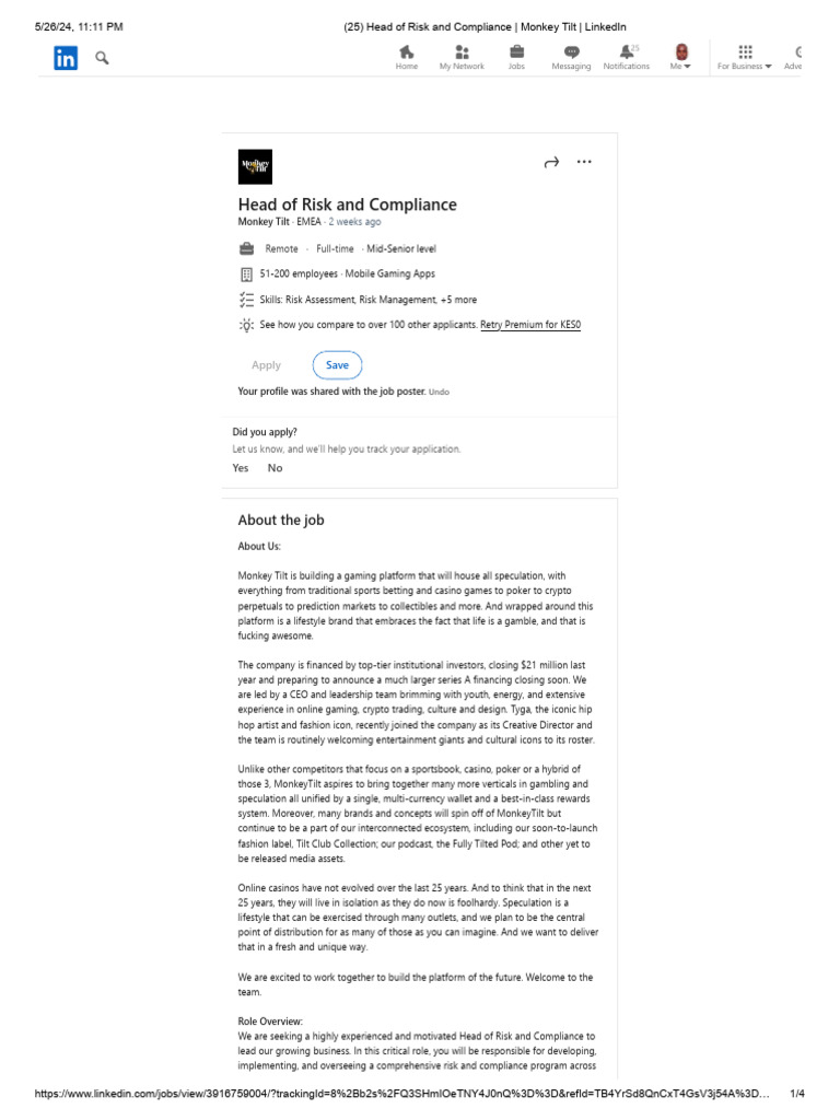 Head of Risk and Compliance - Monkey Tilt - LinkedIn | PDF