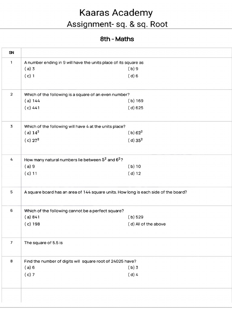 Sq. & Sq. Roots Assignment | PDF