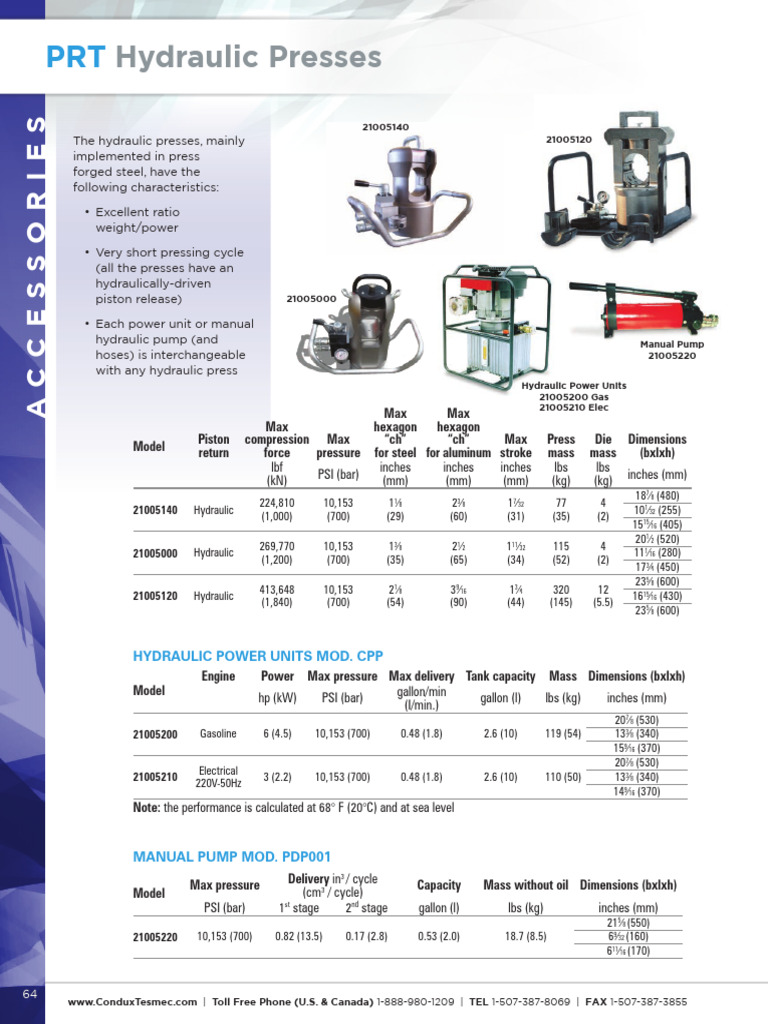 PRT Hydraulic Presses Specifications | PDF