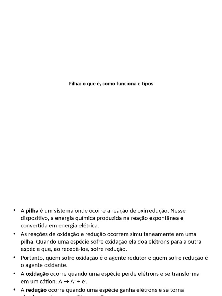 Como Funciona uma Pilha: Tipos e Reações | PDF | Eletroquímica | Redox