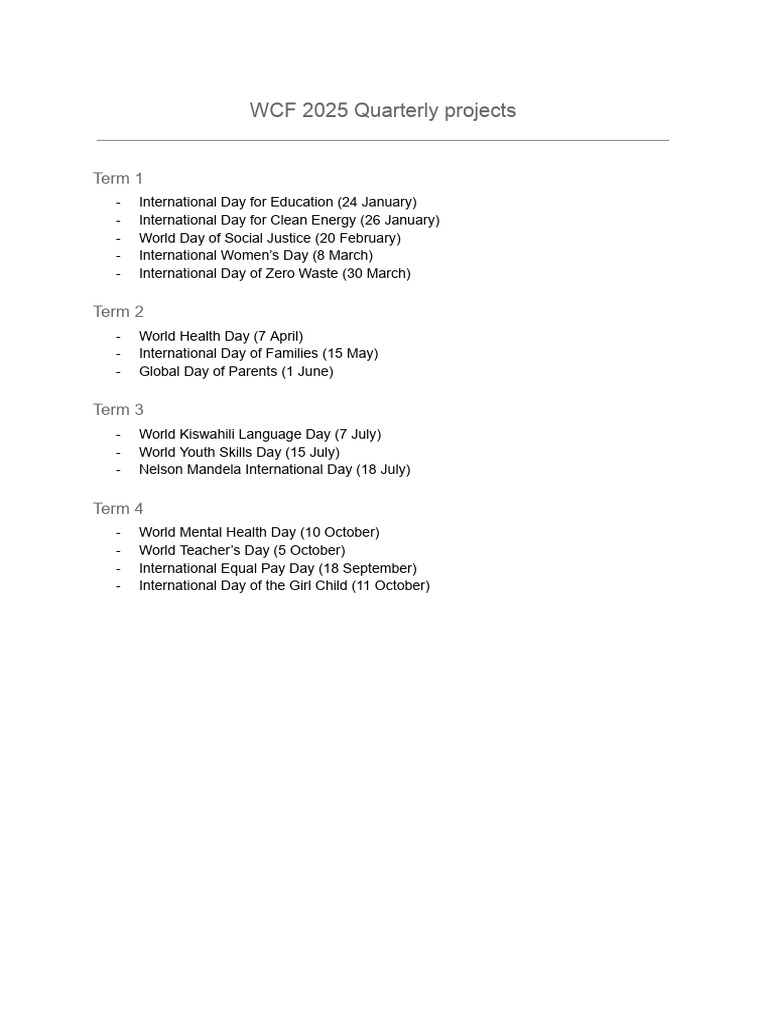 WCF 2025 Quarterly Projects | PDF