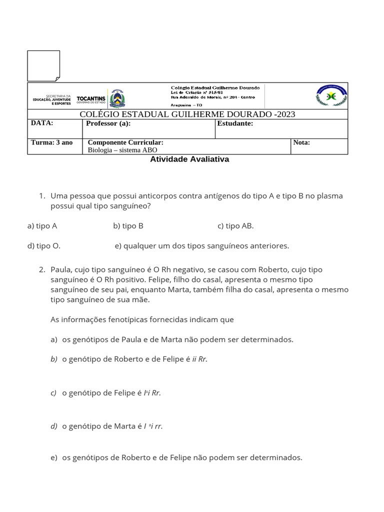 Atividade Sistema Abo | PDF