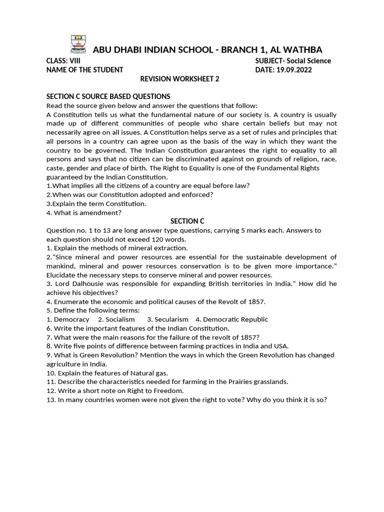 GR 8 Revision Worksheet 2 | PDF