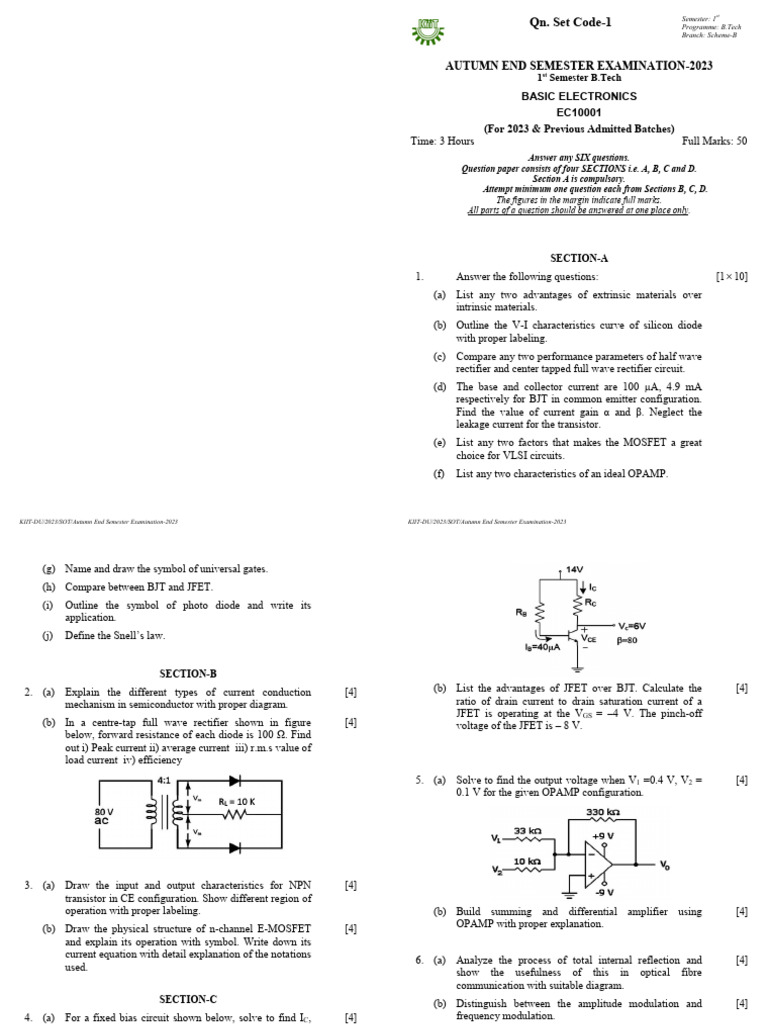 Basic Electronics Exam EC10001 Guide | PDF | Bipolar Junction ...