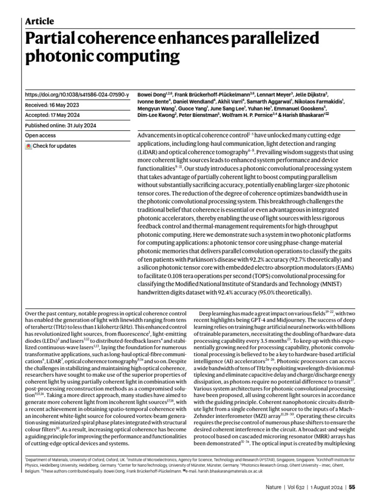 Partial Coherence Enhances Parallelized Photonic Computing | PDF