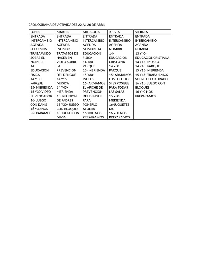 CRONOGRAMA DE ACTIVIDADES 22 AL 26 DE ABRIL | PDF
