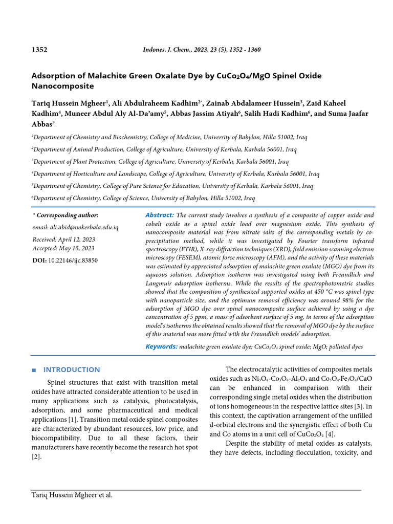 Adsorption of Malachite Green Oxalate Dye by CuCo2O4/MgO Spinel Oxide Nanocomposite | PDF ...