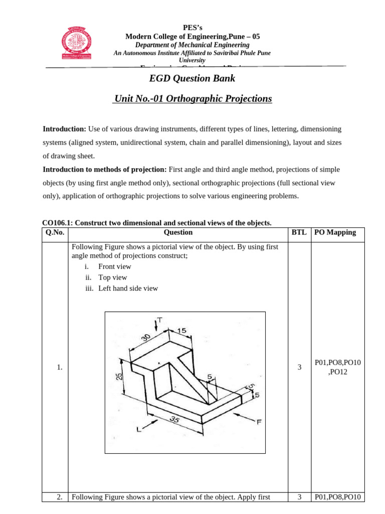 EGD Question Bank Orthographic Projections | PDF | Technical Drawing ...