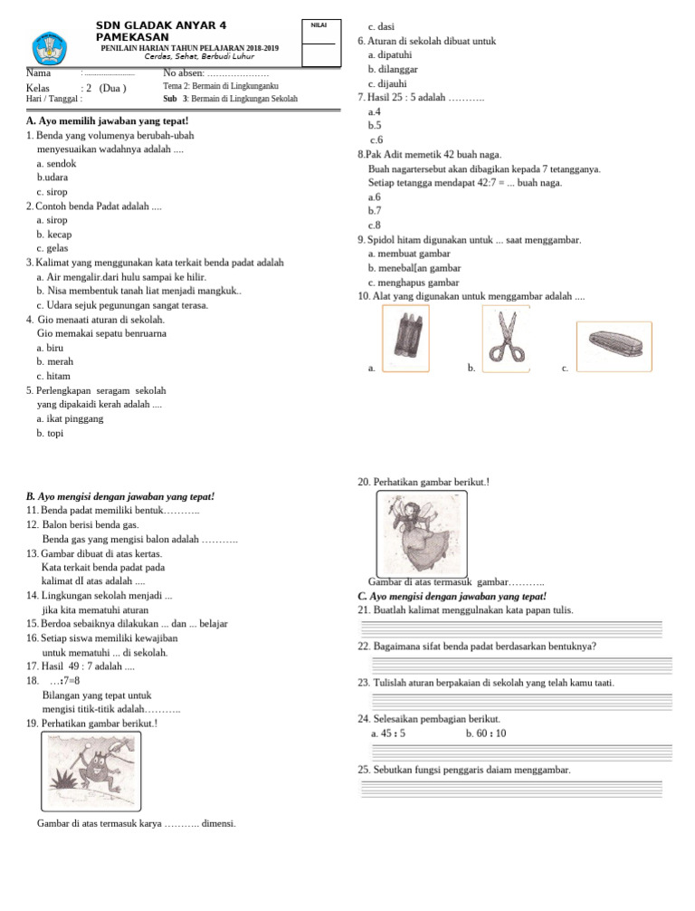 PENILAIAN_HARIAN _KELAS _2_tema_2.3 | PDF