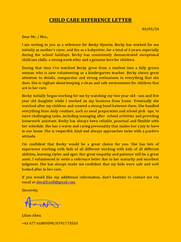 Child Care Reference Letter-1 | PDF | Relaciones personales, crianza y desarrollo personal ...