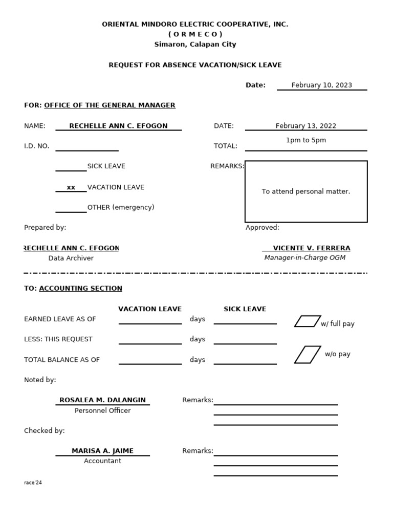 Request For Sick Vacation Leave Form 2 | PDF