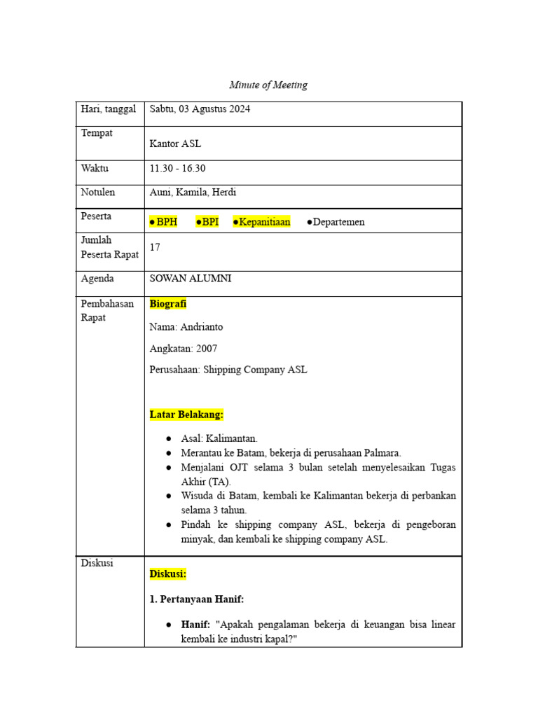 Notulensi (Sowan) 03 Agustus 2024BB | PDF