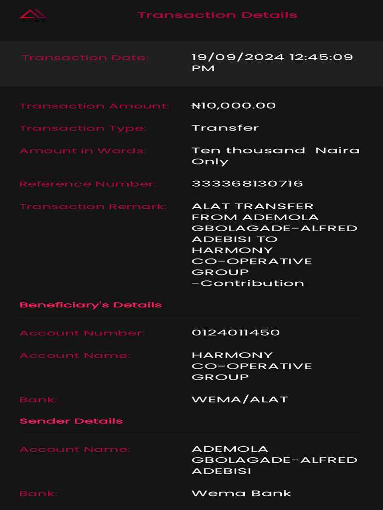 ALAT Transfer Receipt - HARMONY CO-OPERATIVE GROUP - 0124011450 ...