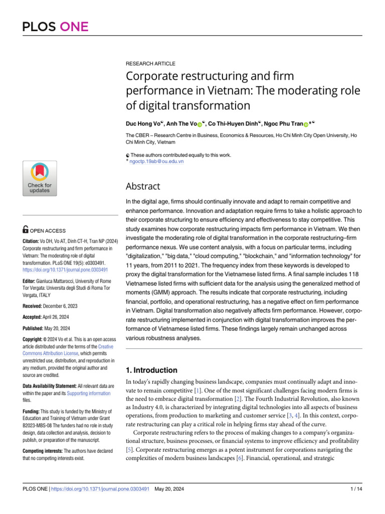 Corporate Restructuring and Firm Performance in Vietnam The Moderating ...