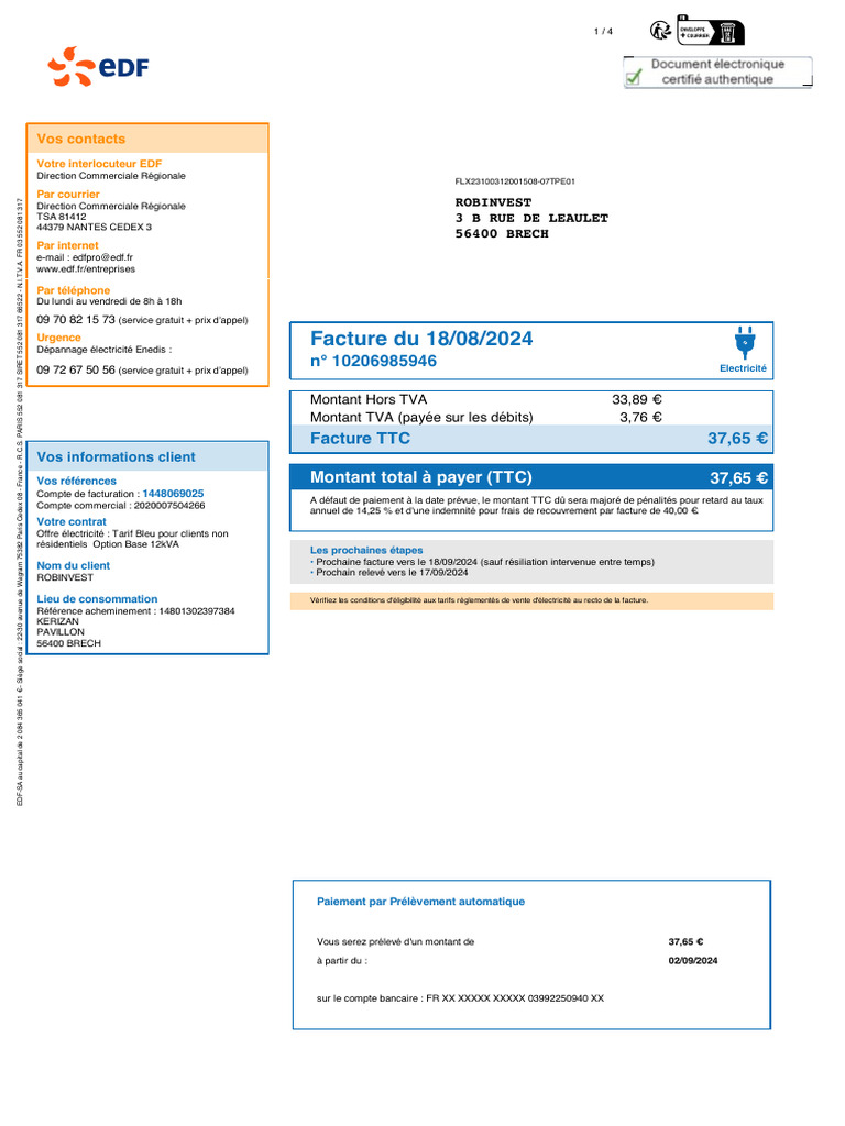 Facture EDF 10206985946 | PDF