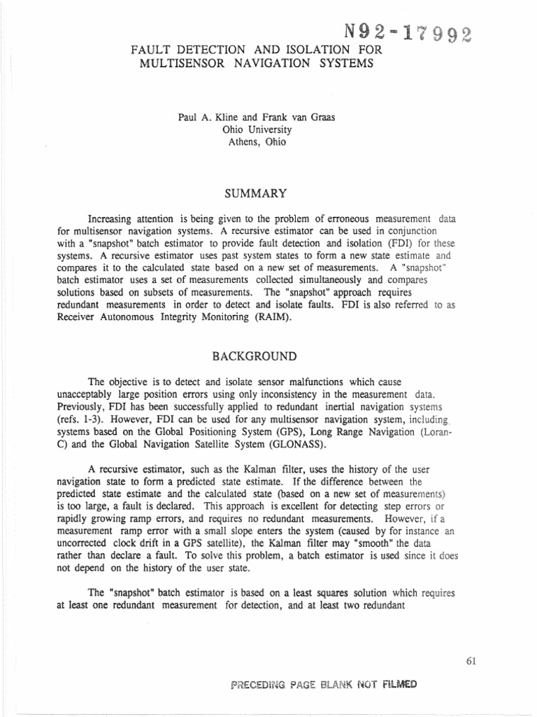 Fault Detection And Isolation For Multisensor Navigation System Pdf