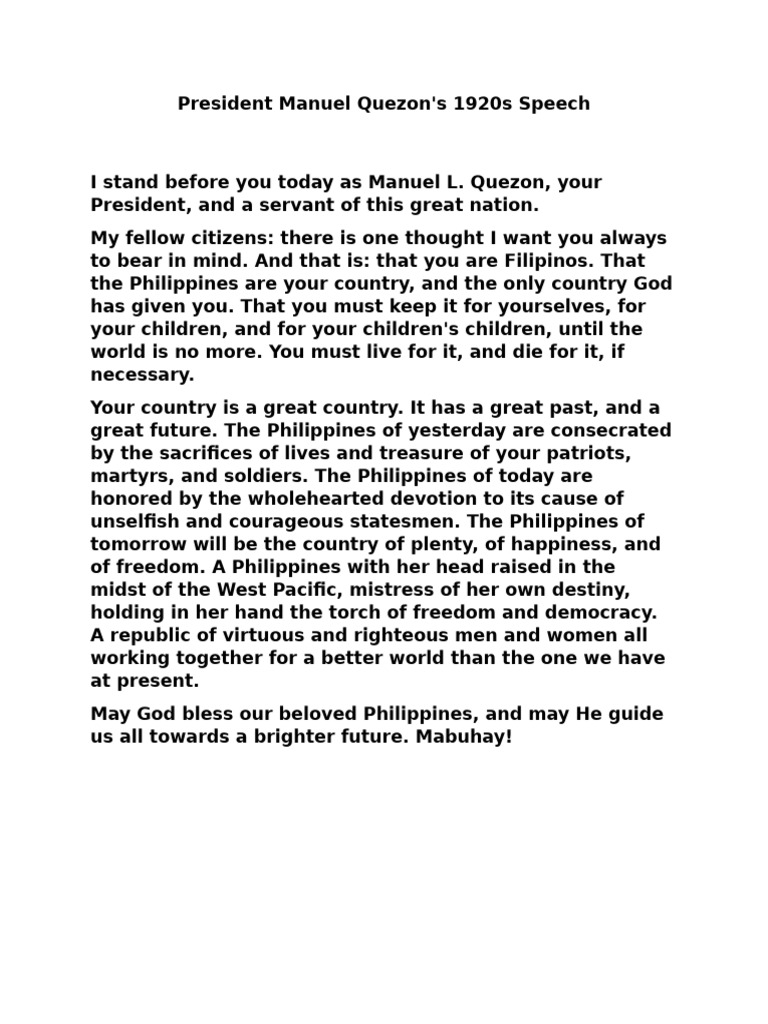 President Manuel Quezon's 1920s Speech | PDF