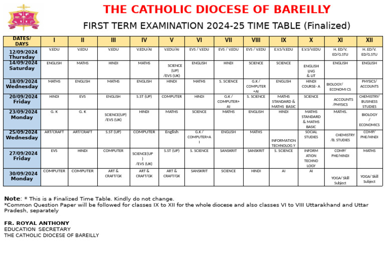 Term I Common Time Table 2024-25 | PDF