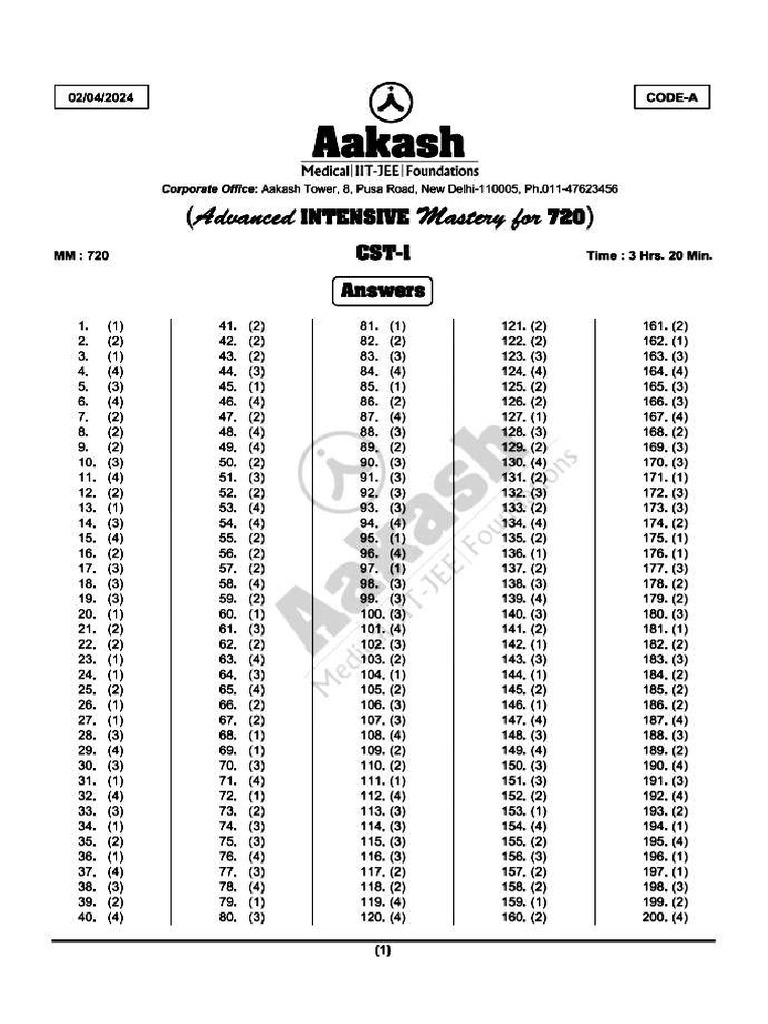 Intensive CST(1-15) Answer Key | PDF