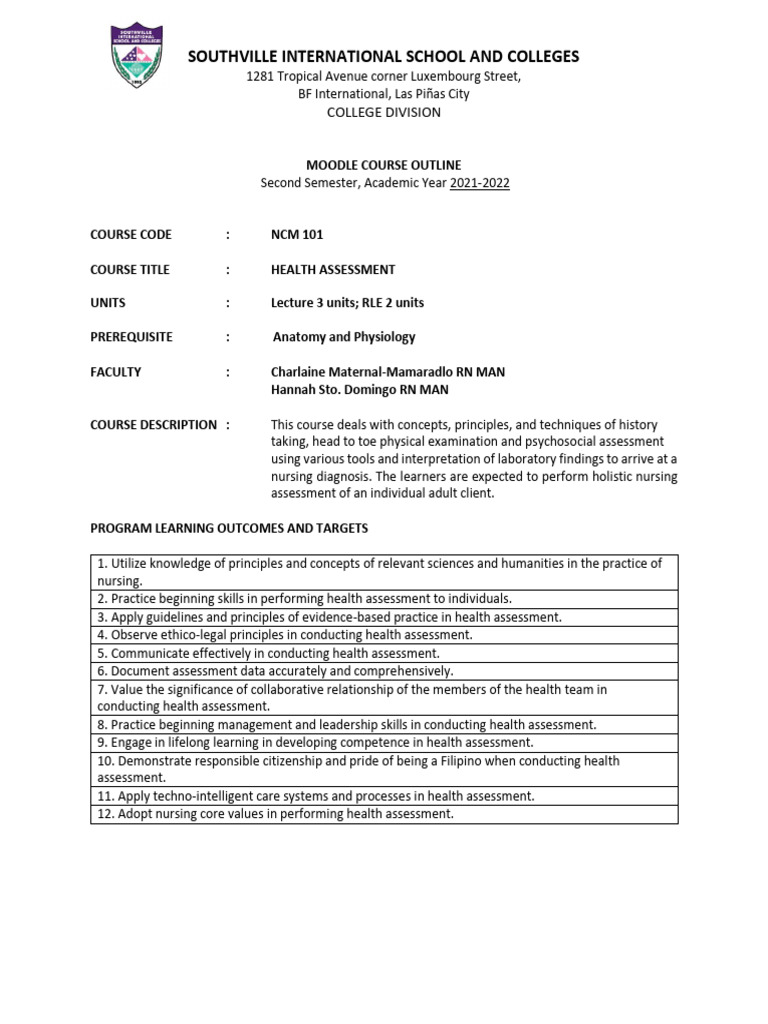 NCM 101 Health Assessment Course Outline | PDF