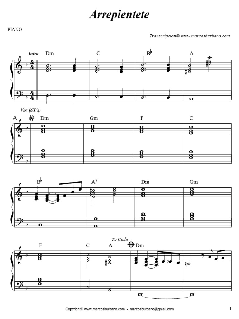 Arrepientete - Piano Nota A Nota | PDF