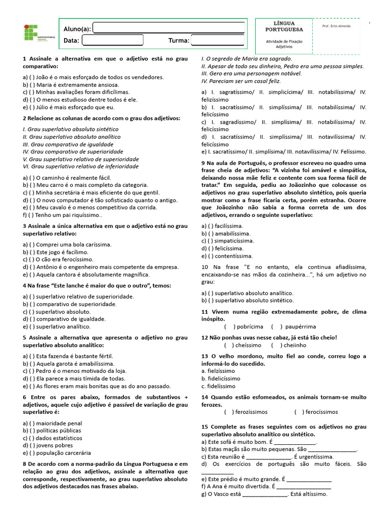 Exerc-cio de Fixa--o - Grau dos Adjetivos.docx | PDF