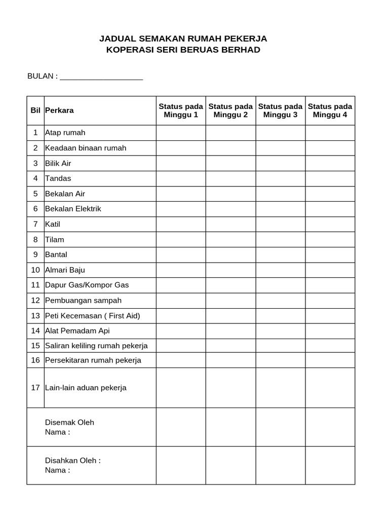 Contoh Rekod Semakan Rumah Pekerja | PDF