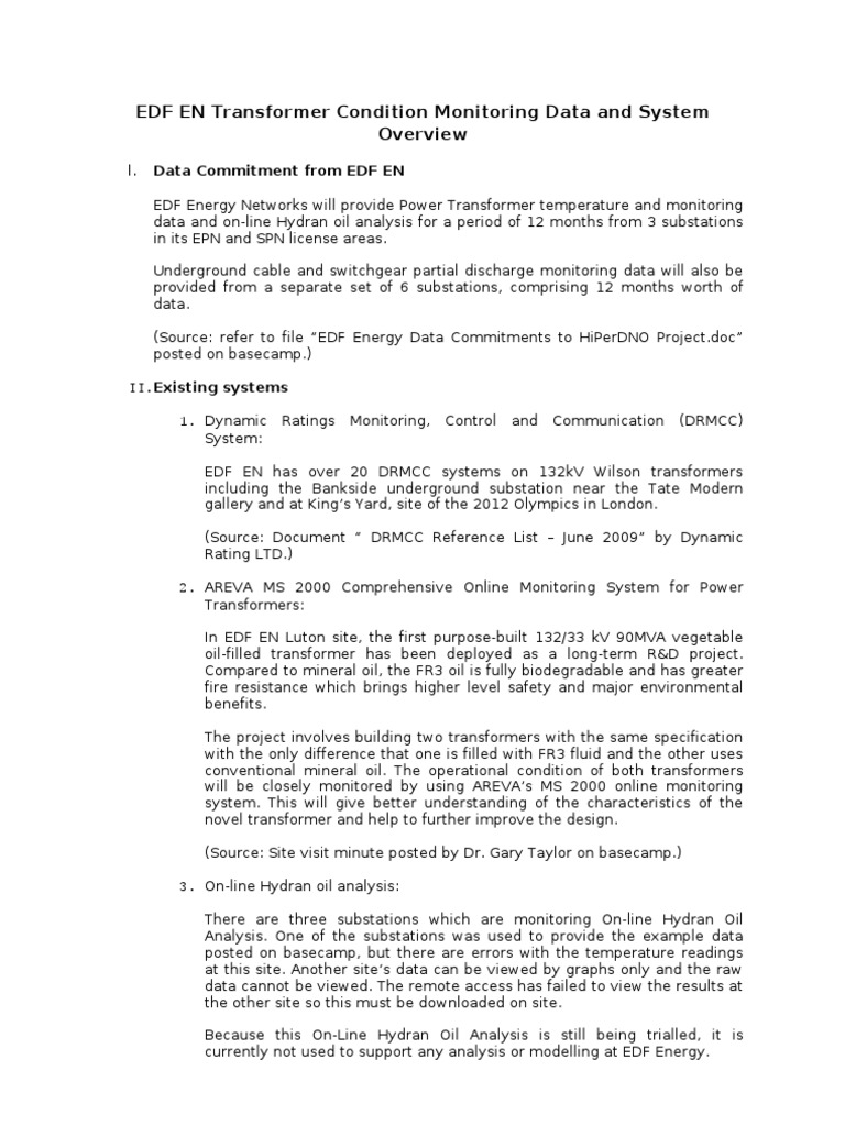 EDF Transformer Condition Monitoring Data and System Overview | PDF ...