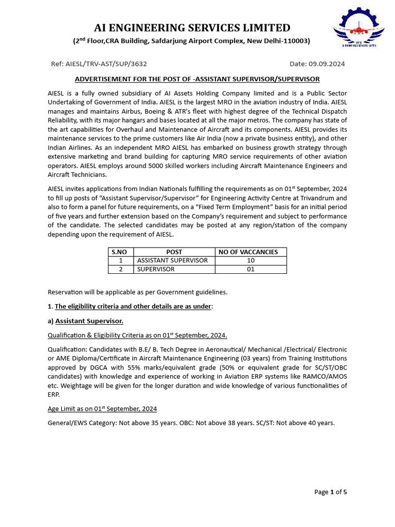 Notification AIESL Supervior and Asst Supervisor Posts | PDF